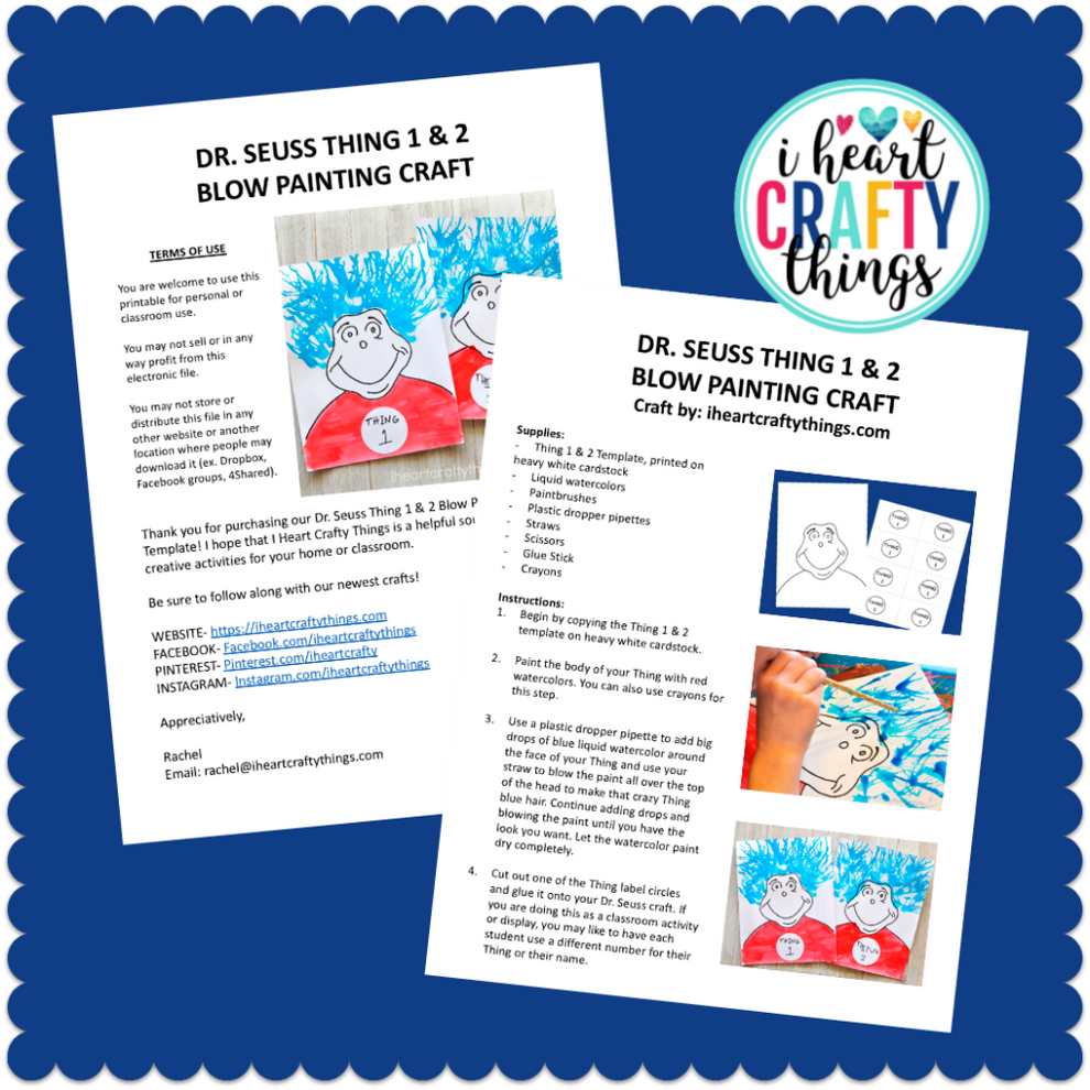 Dr. Seuss Craft - Thing 1 and Thing 2 Blow Painting Art Activity – I ...